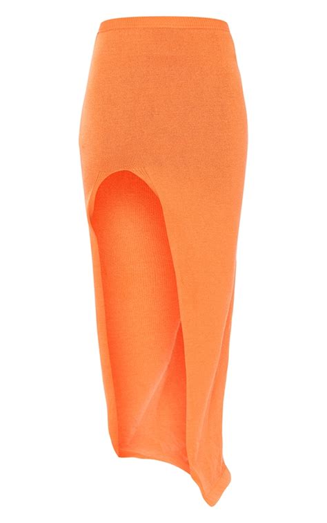 Orange Knit Extreme Split Maxi Skirt Knitwear Prettylittlething