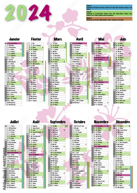Calendrier 2024 A3 avec vacances scolaires jours fériés saints du