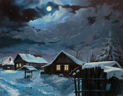 Рисунок зимняя ночь в деревне: фото, изображения и картинки