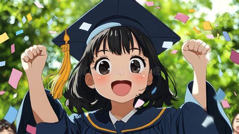Joyful Graduation Celebration Anime Girl In Cap And Gown Stock