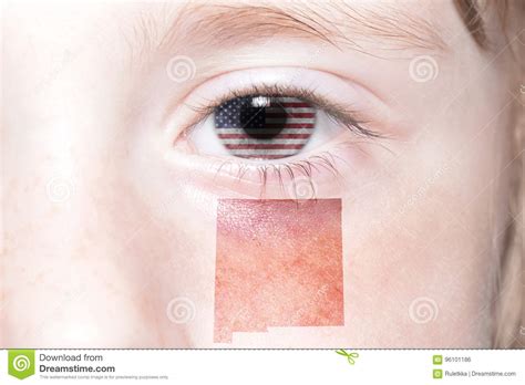Human S Face With National Flag Of United States Of America And New Mexico State Map Stock Photo