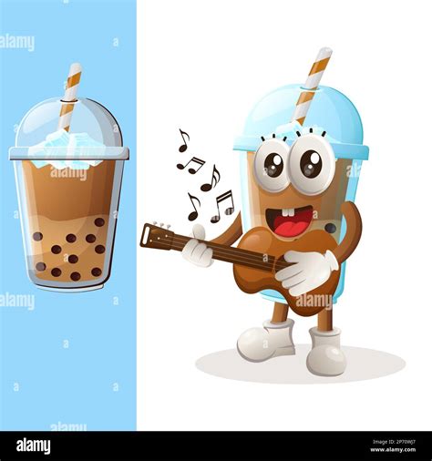 Cute Bubble Tea Mascot Playing Guitar Perfect For Food Store Small