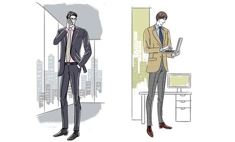 オフィスでスマートフォンで会話するサラリーマンとノートパソコンを操作するビジネスマンのファッションイラスト Mens Suits