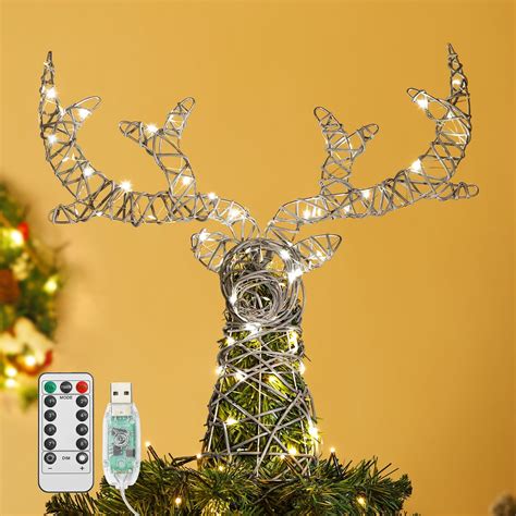 Lewondr Deer Head Christmas Tree Topper Usb And Remote Operated With 6h