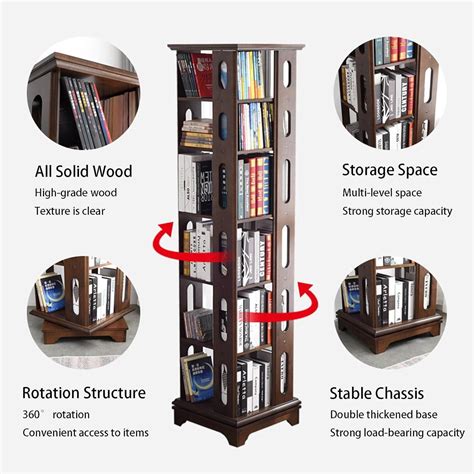 Woodartdeal Rotating Bookshelf Solid Wood 360° Rotating Bookcase Floor Standing Bookcase