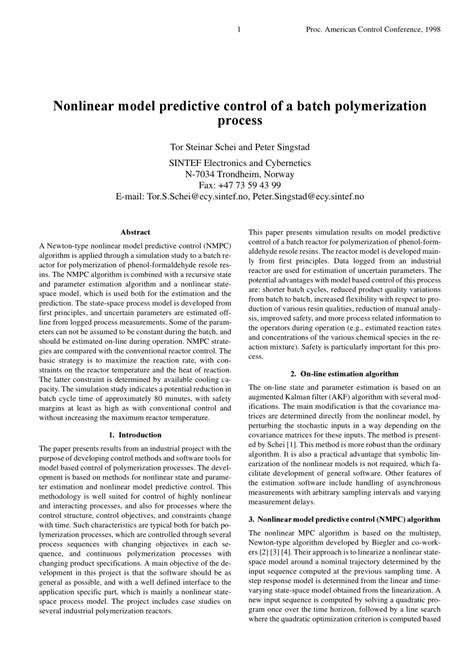 Pdf Nonlinear Model Predictive Control Of A Batch Polymerization Process