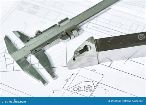 Caliper And Metal Detail Pattern With Blueprint For Cnc Metalworking Stock Image Image Of