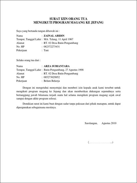Contoh Surat Pernyataan Persetujuan Orang Tua Surat Lamaran Kerja Otosection