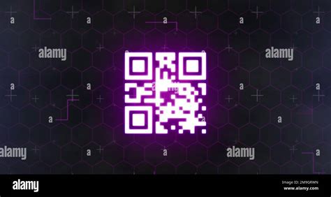 Image Of Glowing Online Security Qr Code With Markers And Hexagons On Black Background Stock