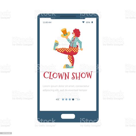 광대는 모바일 응용 프로그램 평면 벡터 일러스트에 대한 온보딩 화면 템플릿을 보여줍니다 Brand Name Smart Phone