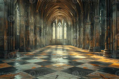 Ai Generated Empty Medieval Hall With Sunlight Filtering Through
