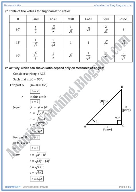 Trigonometry Definitions And Formulae For Class 10 Mathematics