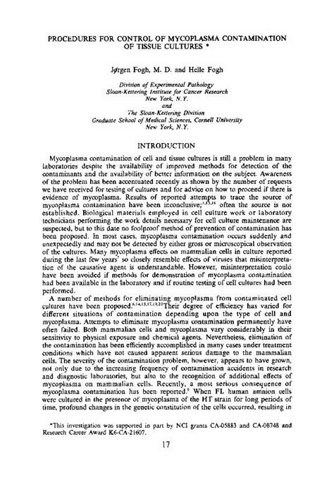 Pdf Procedures For Control Of Mycoplasma Contamination Of Tissue