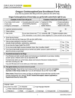 Fillable Online Healthcenter Uoregon Oregon ContraceptiveCare