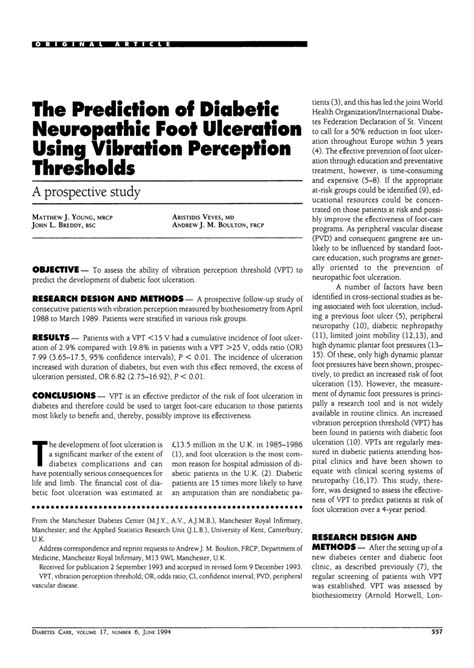 Pdf The Prediction Of Diabetic Neuropathic Foot Ulceration Using Vibration Perception Thresholds
