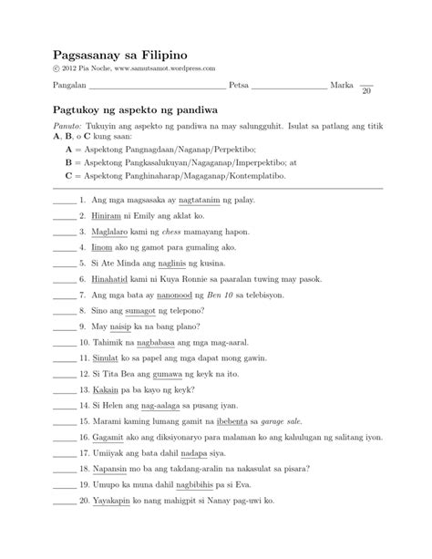 Aspekto Ng Pandiwa Hunterswoodsph Filipino Worksheet Worksheet Theme