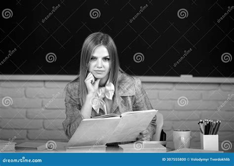 Female College Babe Reading Book In Classroom Preparing For Exam Stock Photo Image Of
