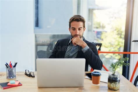 Business Thinking And Man With Laptop Planning Or Solution With Modern Office Or Problem