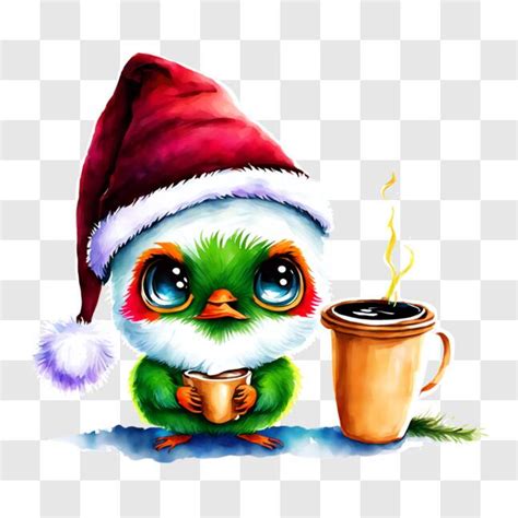Download Festive Small Green Bird With Coffee Cup Png Online Creative