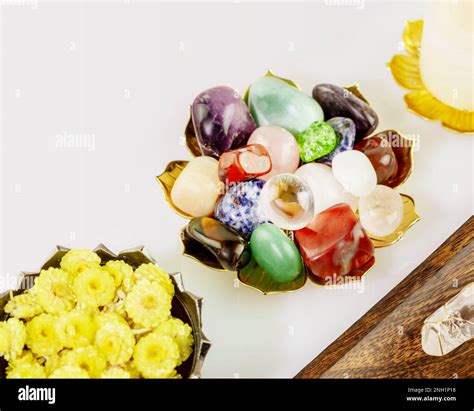 Healing Ritual With Crystals Gemstones Set Candle And Dry Flowers On