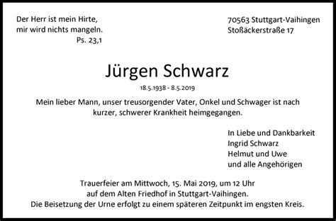 Traueranzeigen von Jürgen Schwarz stuttgart gedenkt de