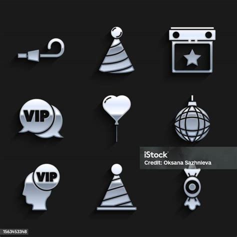 하트 파티 모자 사탕 디스코 볼 머리 안쪽의 Vip 말풍선 캘린더 파티 및 생일 경적 아이콘의 형태로 풍선을 설정합니다 벡터 Brand Name Online