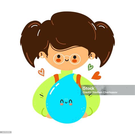 젊은 귀여운 재미 있은 소녀는 손에 물방울을 들고 있습니다 소녀는 귀여운 물방울을 껴안는다 벡터 손으로 그린 낙서 스타일 만화