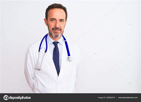 Middle Age Doctor Man Wearing Coat Stethoscope Standing Isolated White