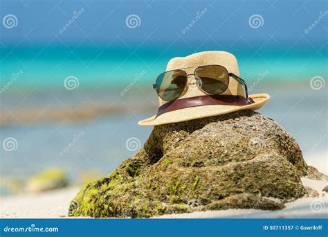 Straw Hat Towel Beach Sun Glasses And Flip Flops On Tropical Stock Image Image Of Feminine