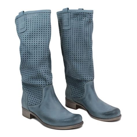Stivali Traforati Estivi Alti Biker Boots Vera Pelle Blu Jeans