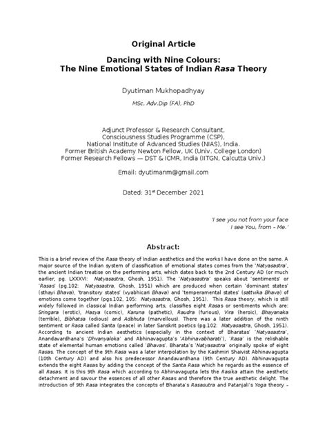 Nine Emotional States Of Indian Rasa Theory Pdf Psychological