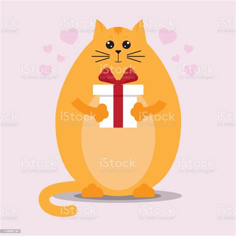 하트가있는 분홍색 배경에 평평한 스타일의 선물과 사랑에 빠진 재미있는 뚱뚱한 고양이 가르랑거림에 대한 스톡 벡터 아트 및 기타