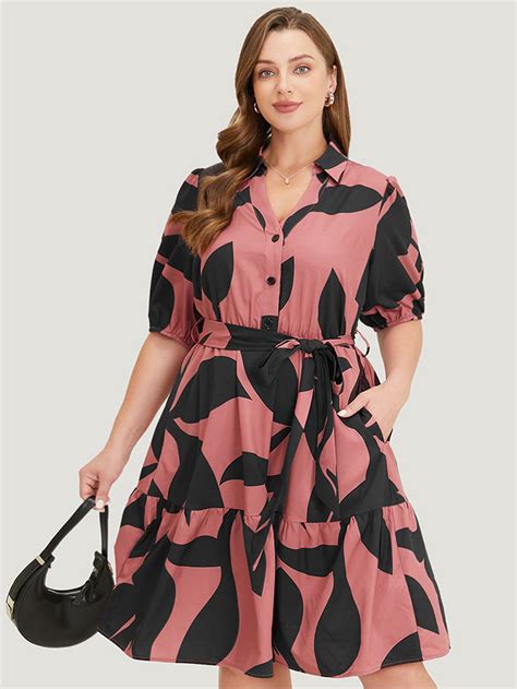 Plant Pocket Puff Sleeve Belt Ruffle Hem Button Up Dress Bloomchic