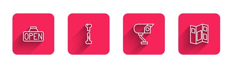 열린 교수형 표지판 인간의 부러진 뼈 보안 카메라 및 긴 그림자가 있는 박물관 안내 브로셔 빨간색 사각형 버튼 벡터 감시에 대한 스톡 벡터 아트 및 기타 이미지 Istock