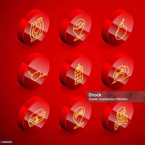 세트 라인 화약 배럴 위치 해적 폭발 준비가 된 폭탄 해적 눈 패치 다이너마이트 폭탄 선원 모자 및 아이콘 벡터 3차원 형태에 대한 스톡 벡터 아트 및 기타 이미지 Istock