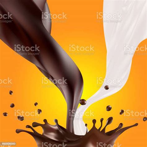 우유와 초콜릿 밝아진 크로스 오버 혼합 및가 왕관 만들기 순수 두 달콤한 액체 흐름 하 고 공중에 트위스트 3d 일러스트 벡터 격리 밀크 쉐이크 흰색과 갈색 물결 체액