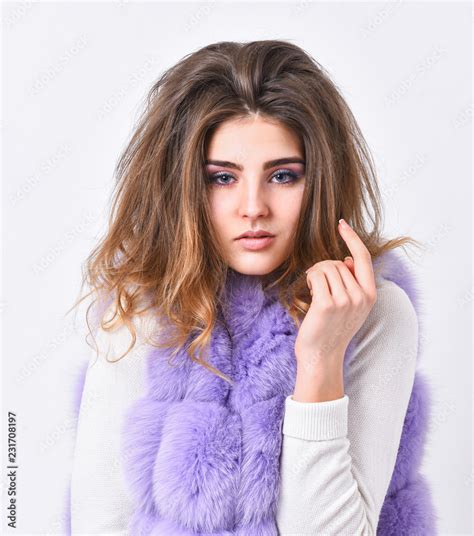 Girl Fur Coat Posing With Hairstyle On White Background Hair Care