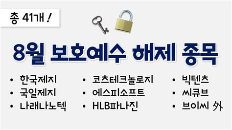 8월 날짜별 보호예수 해제 종목 한국제지 나래나노텍 코츠테크놀로지 에스피소프트 빅텐츠 Hlb파나진 국일제지 씨큐브