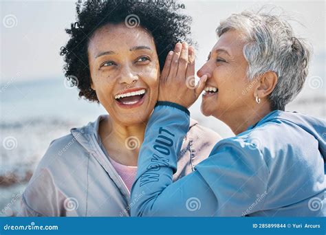 Gossip Outdoor And Senior Friends With A Secret Whisper Or Talking In