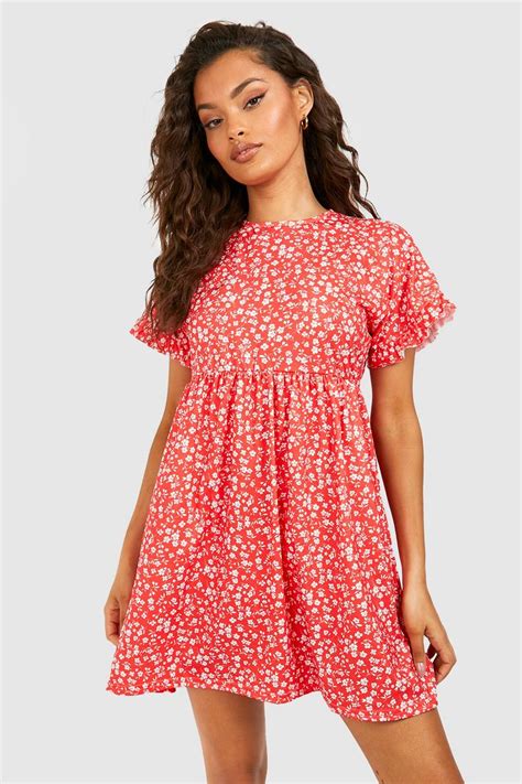 Ruffle V Neck Ditsy Smock Dress Boohoo Uk
