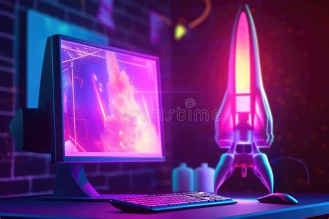Rocket Coming Out Of Desktop Computer Screen Neon Light Generative