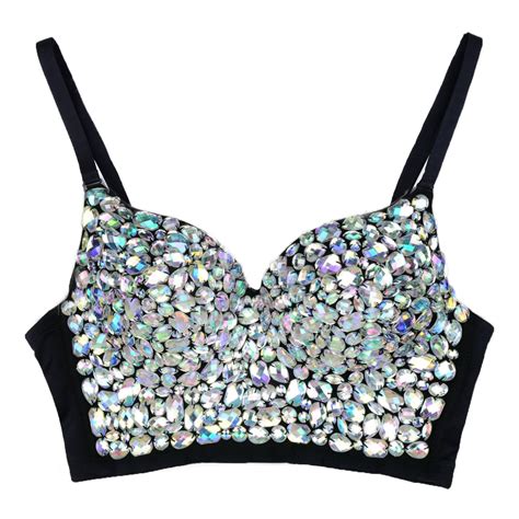 Womens Gemstone Bustier Crop Top Sexy Punk Rhinestone Corset Top Bra