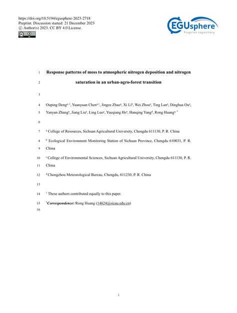 Pdf Response Patterns Of Moss To Atmospheric Nitrogen Deposition And Nitrogen Saturation In An