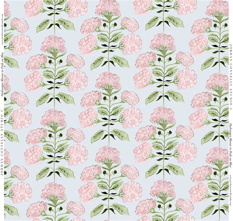 Hydrangea Bloom In Pink On Blue Wallpaper Hand Painted Wallpaper