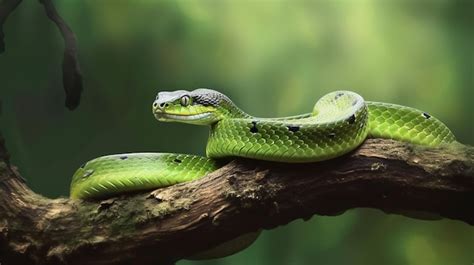 Una Serpiente Verde Está Enroscada En Una Rama Foto Premium