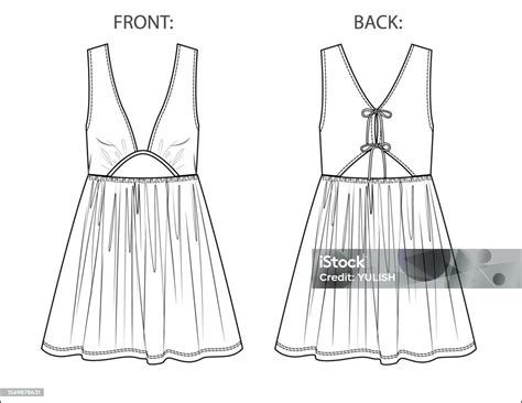 벡터 민소매 V넥 미니 드레스 기술 도면 활 디테일 패션 Cad 스케치 템플릿 플랫이 있는 여성 드레스 저지 또는 짠 직물 드레스 앞면 뒷면보기 흰색 0명에 대한 스톡 벡터