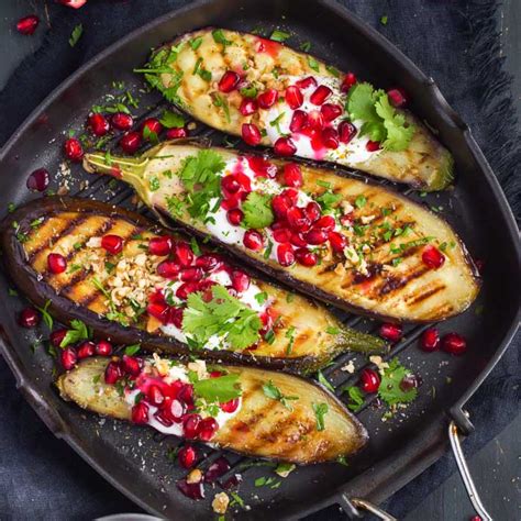 Grilled Eggplant With Garlic Yogurt Sauce Walnuts And Pomegranate