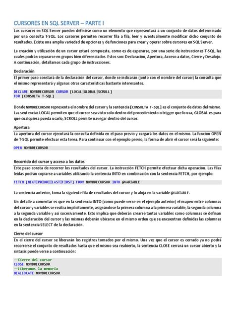 Cursores En Sql Server Pdf Sql Servidor Sql De Microsoft