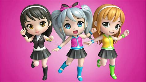 3d Adorable Chibi Anime Girls Dancing And Smiling In Colorful Outfits Stock Illustration
