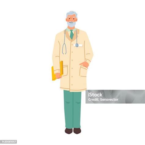 목에 청진기를 가진 교수 또는 의사와 손에 문서 의료진 진료소 또는 병원의 근로자 인물 또는 캐릭터 플랫 만화 스타일의 벡터 과학자에 대한 스톡 벡터 아트 및 기타 이미지